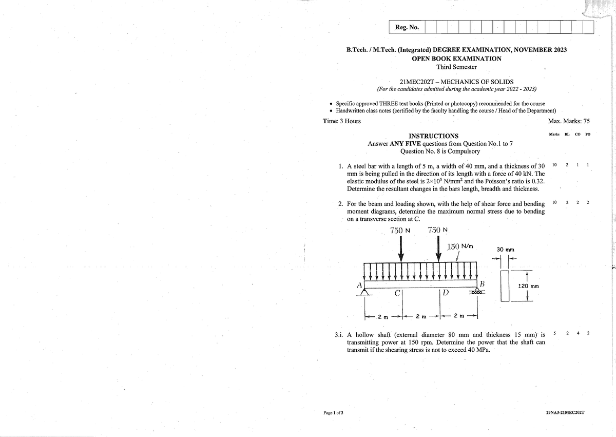 B.Tech. 3rd Sem - 21MEC202T Mechanics of Solids Exam Notes - Studocu