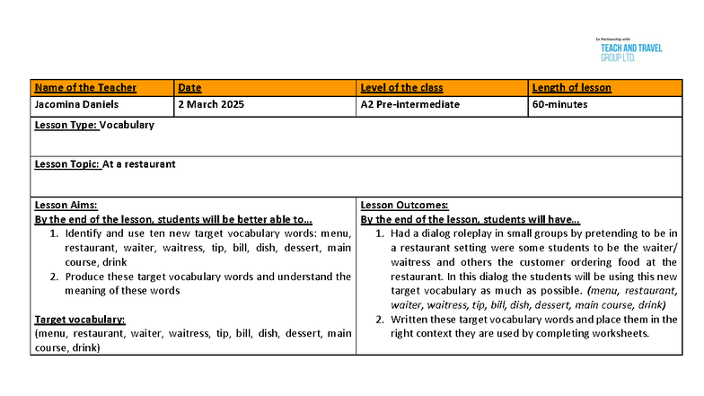 A2 Vocabulary Lesson Plan: Dining at a Restaurant - Studocu