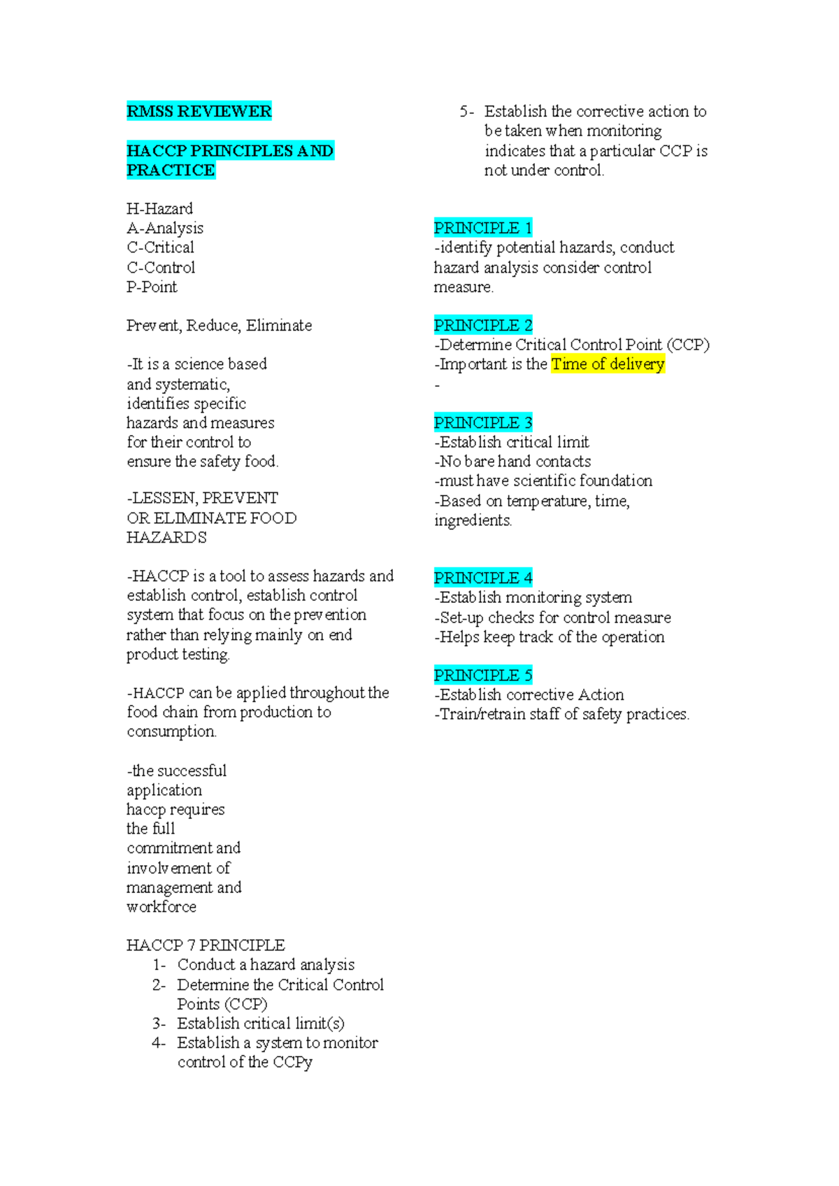 RMSS Notes WEEK - lECTURE - RMSS REVIEWER HACCP PRINCIPLES AND PRACTICE ...