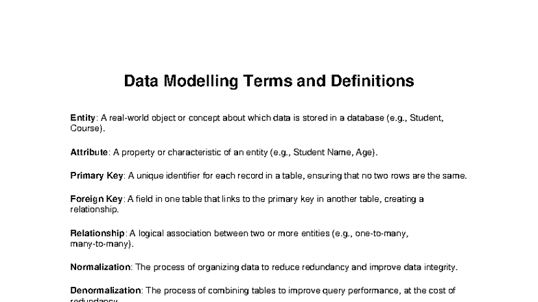 Data Modelling Terms & Definitions: Key Concepts Explained - Studocu