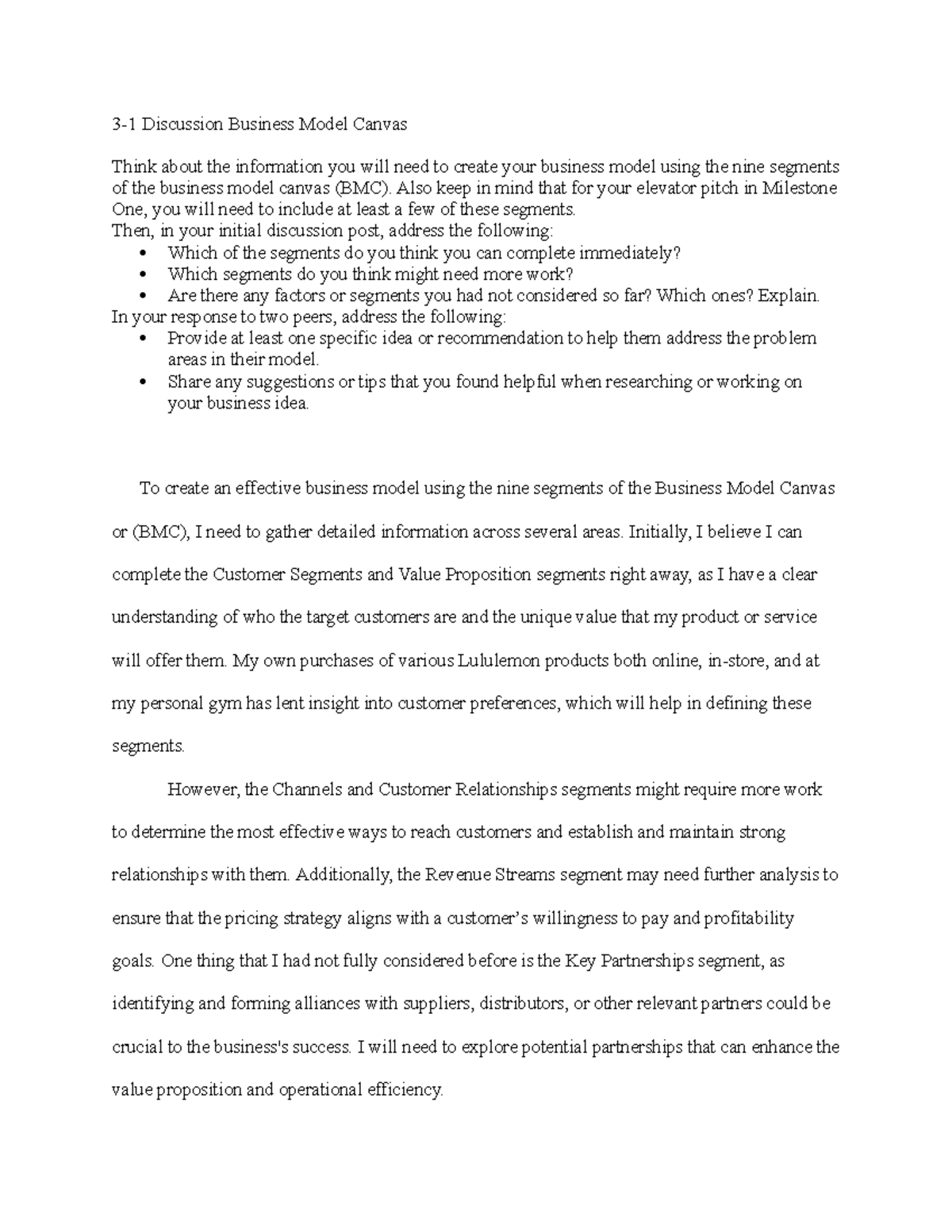 Discussion 3-1: Business Model Canvas Insights for Milestone One - Studocu