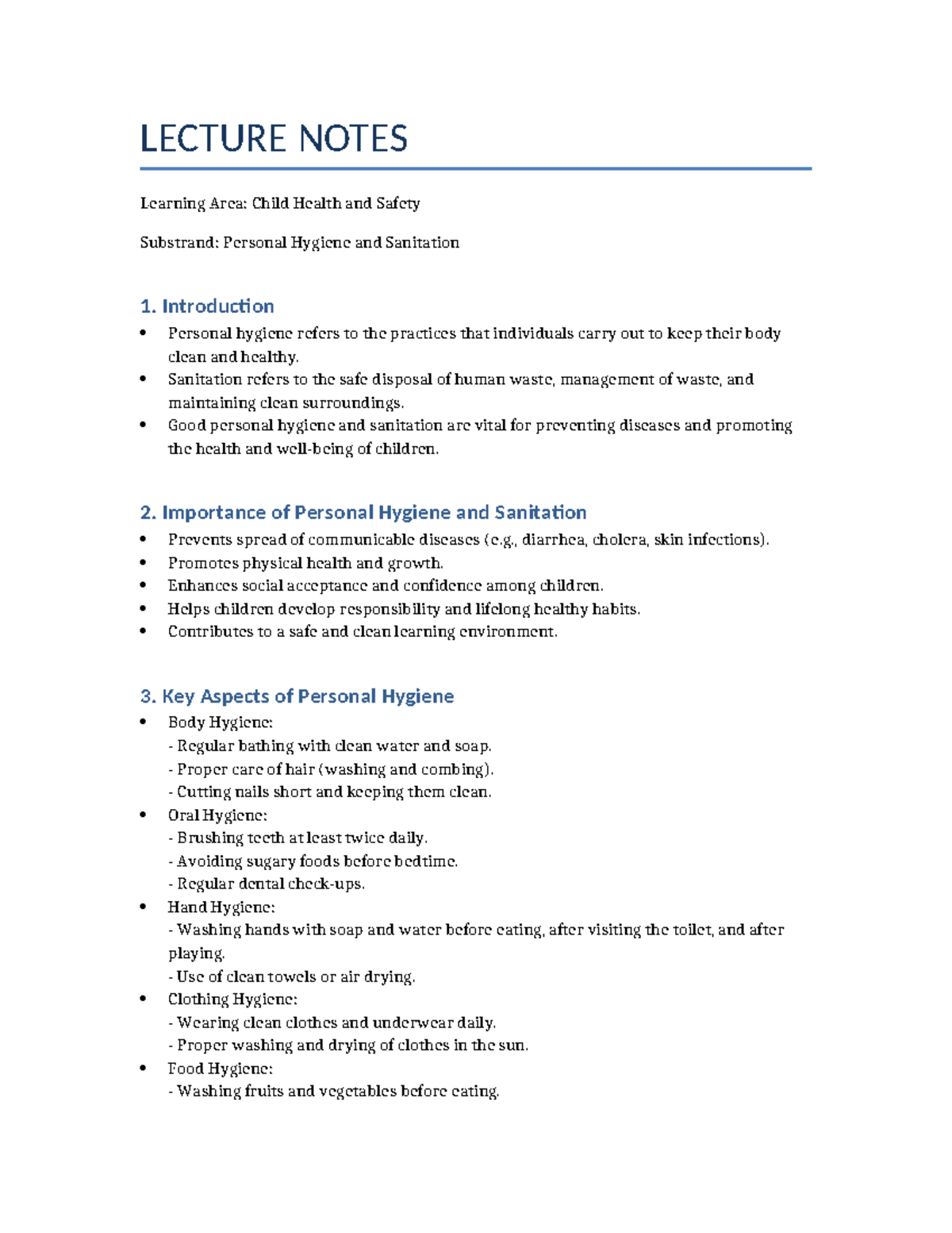 LECTURE NOTES CHS 101: Personal Hygiene & Sanitation Overview - Studocu