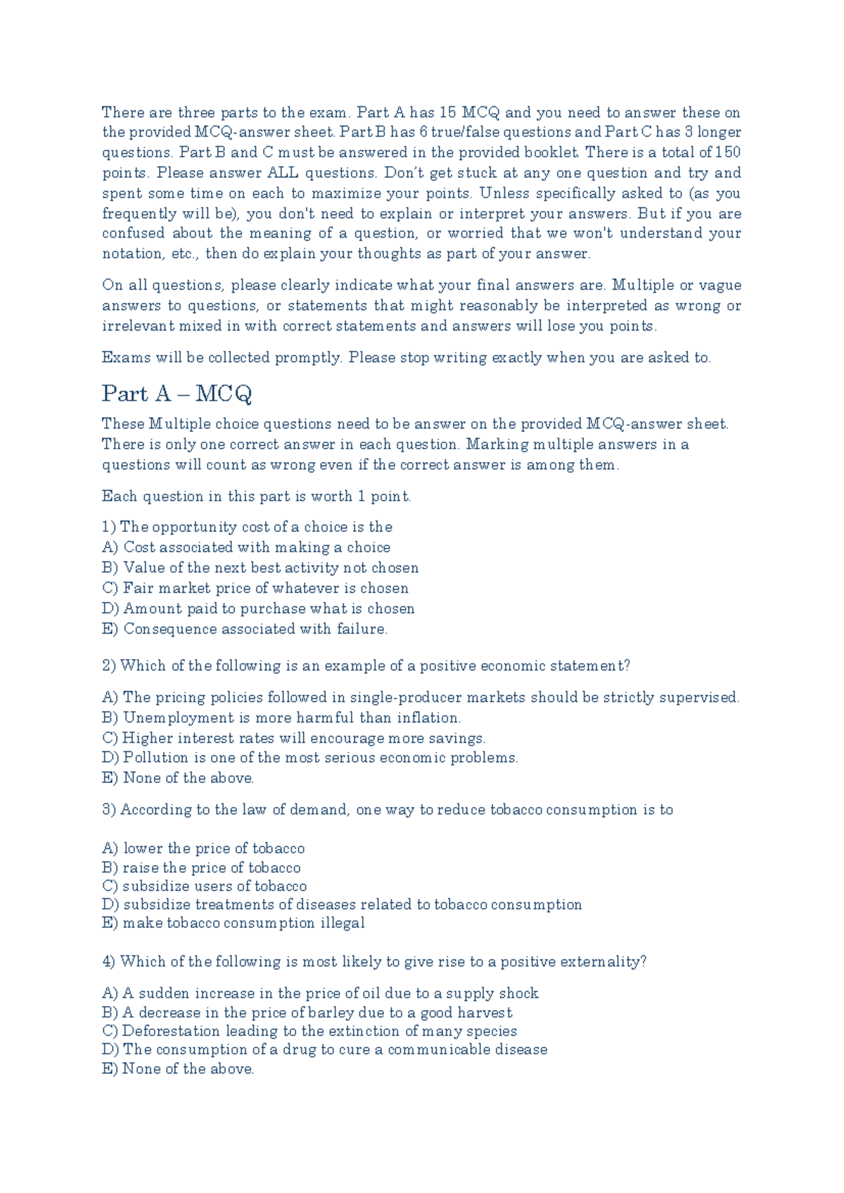 Practice final exam - econ1101 practic exam - There are three parts to ...