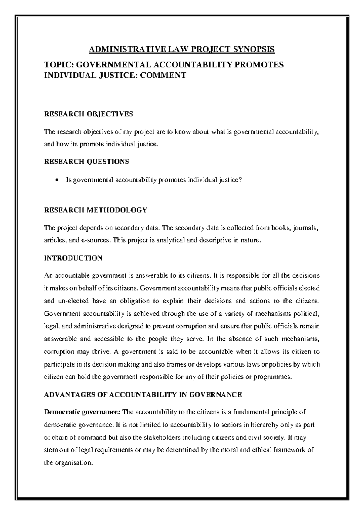 AD Project Synopsis - ADMINISTRATIVE LAW PROJECT SYNOPSIS TOPIC ...