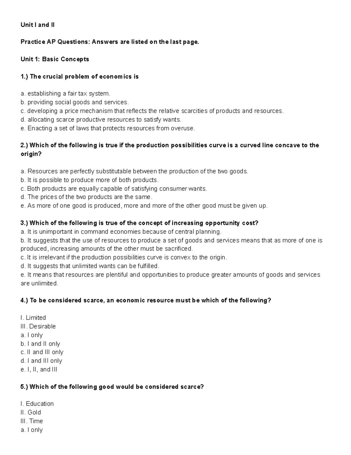 Unit I & II AP Economics Practice - MC Questions - Studocu