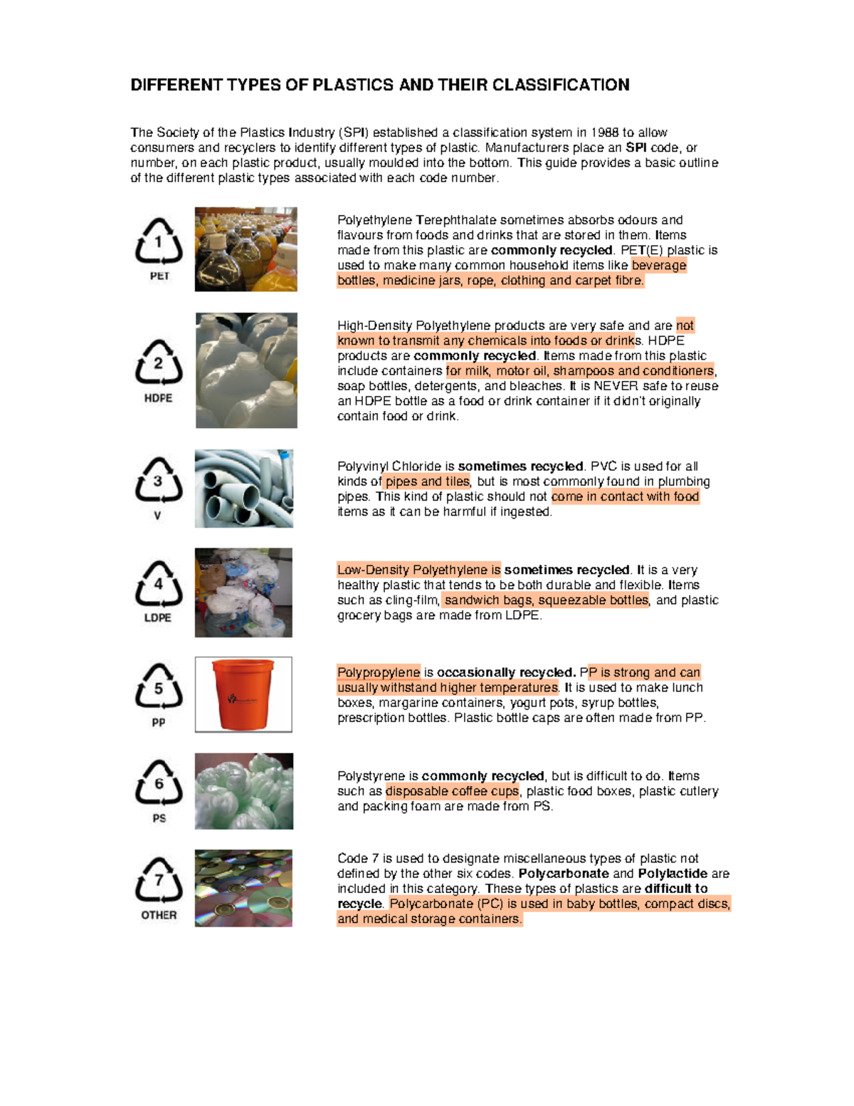 PLS 101: Overview of Different Plastic Types and Classification - Studocu