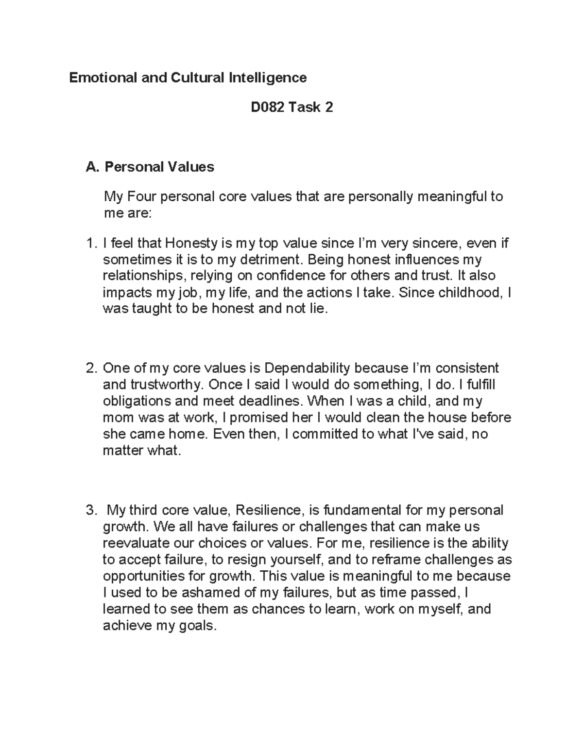 D082 Task 2 - D082 Task 2 - Emotional and Cultural Intelligence D082 ...