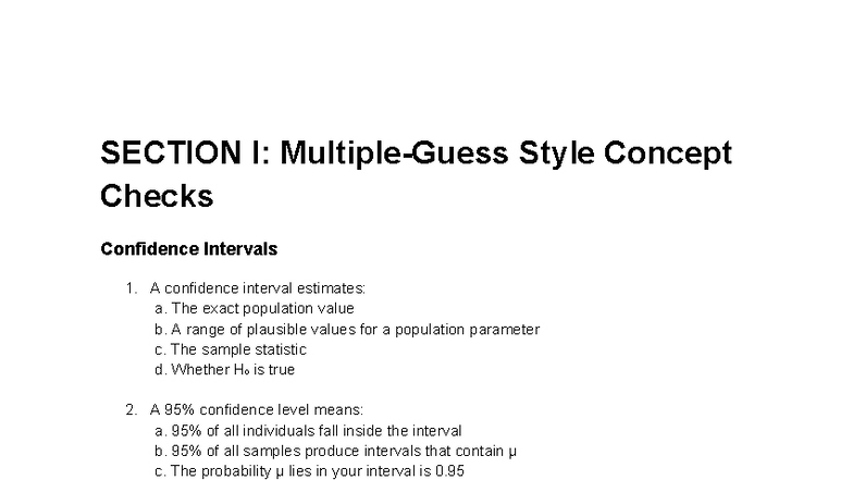 Statistics Exam Review: CI & Hypothesis Testing Concepts - Studocu