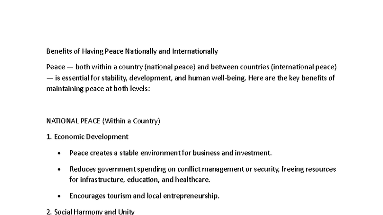 Benefits of National and International Peace: Key Insights - Studocu