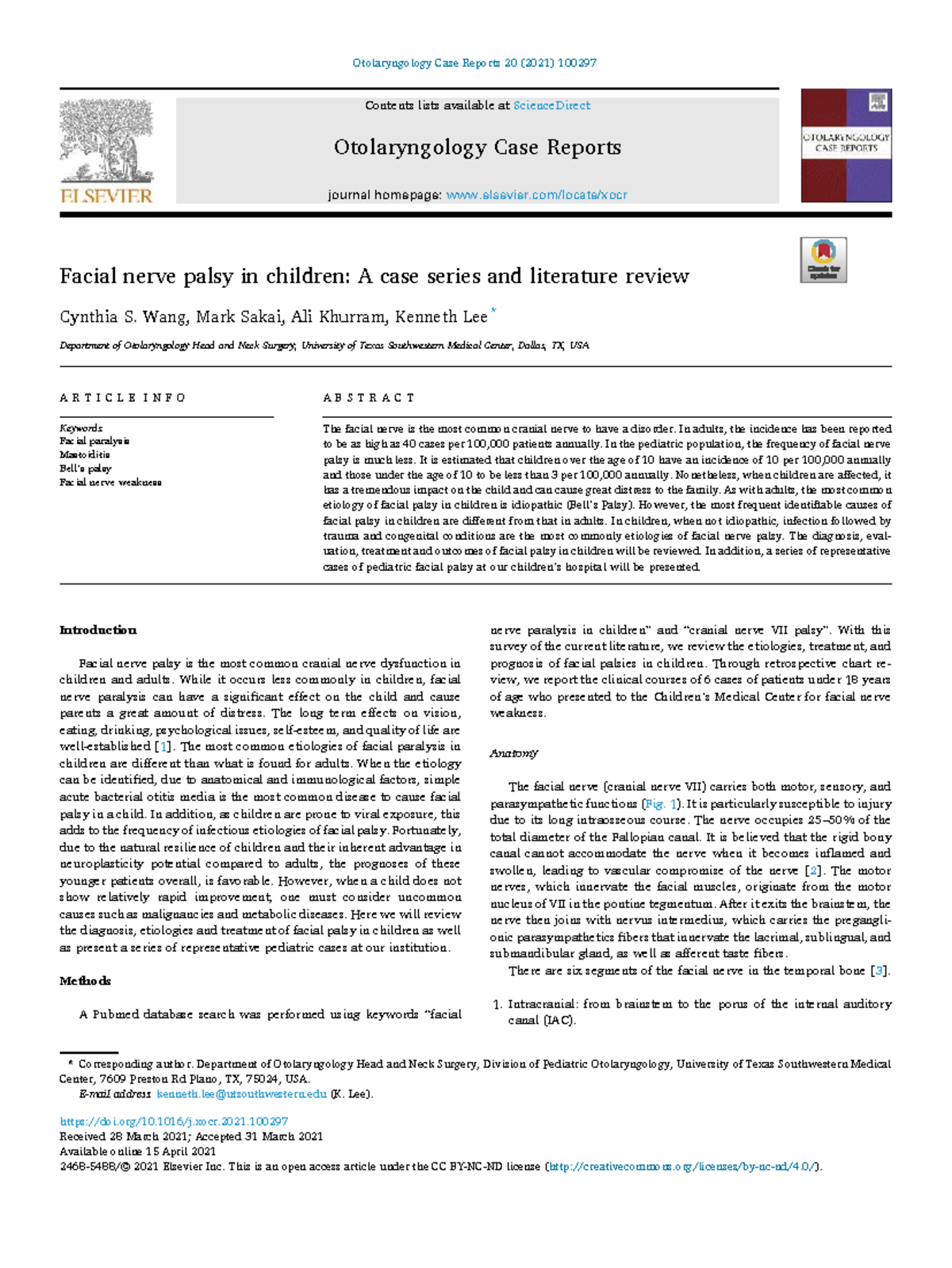 Facial Nerve Palsy in Children: A Case Series Review (Otolaryngology ...