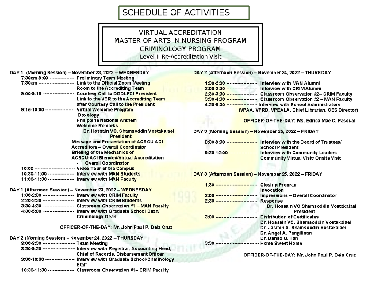 Schedule of Activities for Virtual Accreditation: MA in Nursing ...