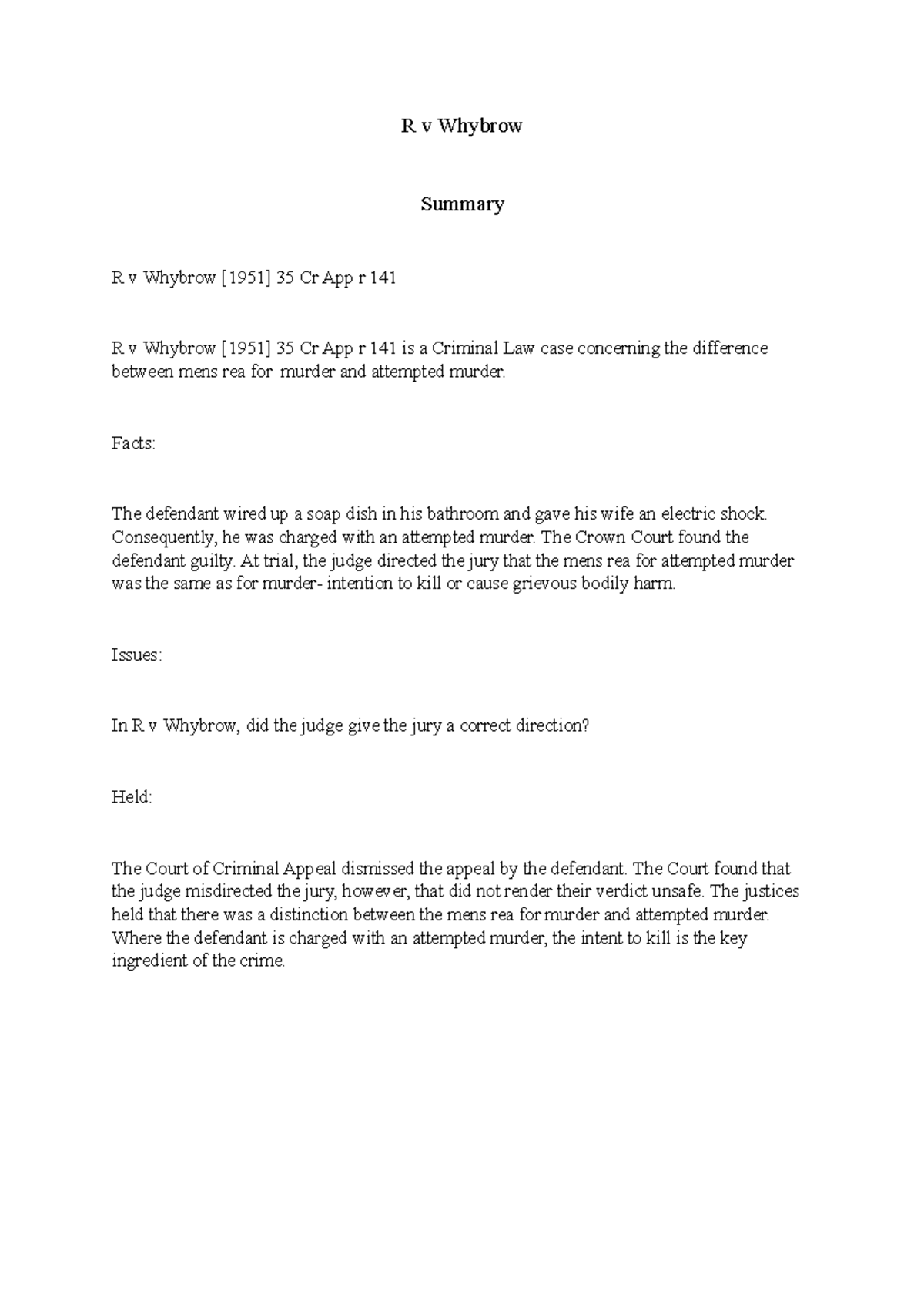 R v Whybrow [1951]: Criminal Law Case Summary & Mens Rea Insights - Studocu