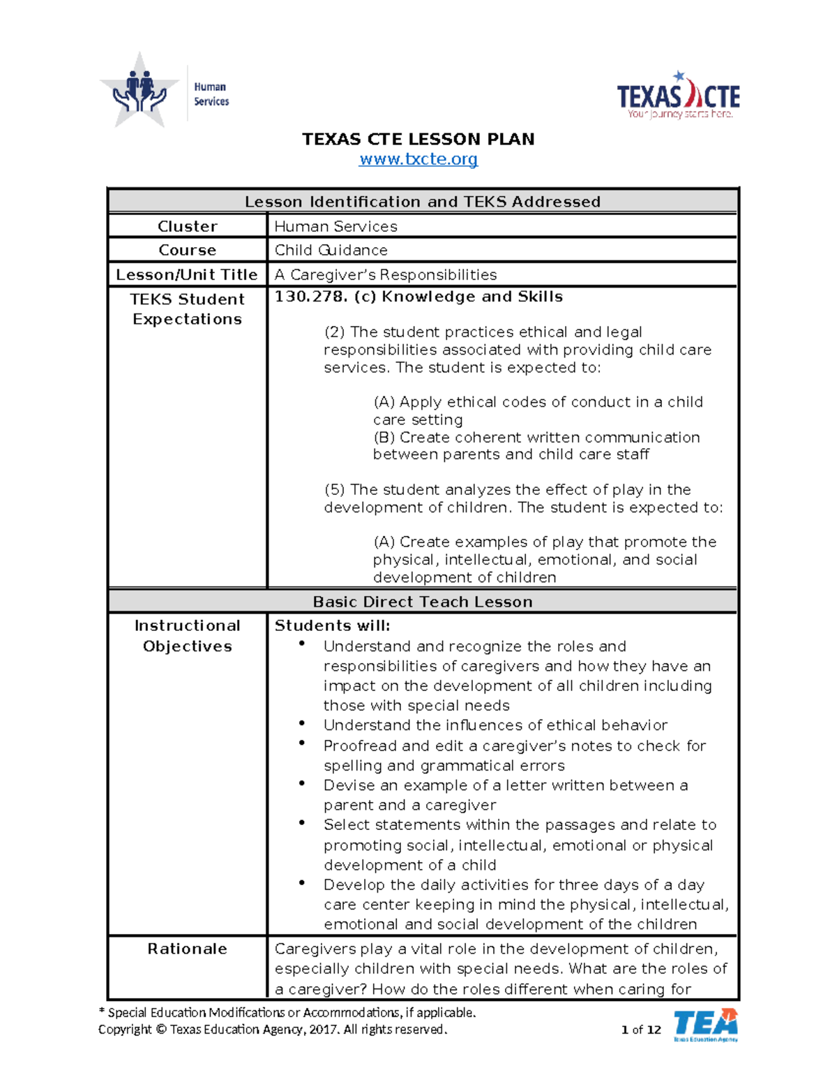 Lesson Plan A Caregiver’s Responsibilities 0 - TEXAS CTE LESSON PLAN ...