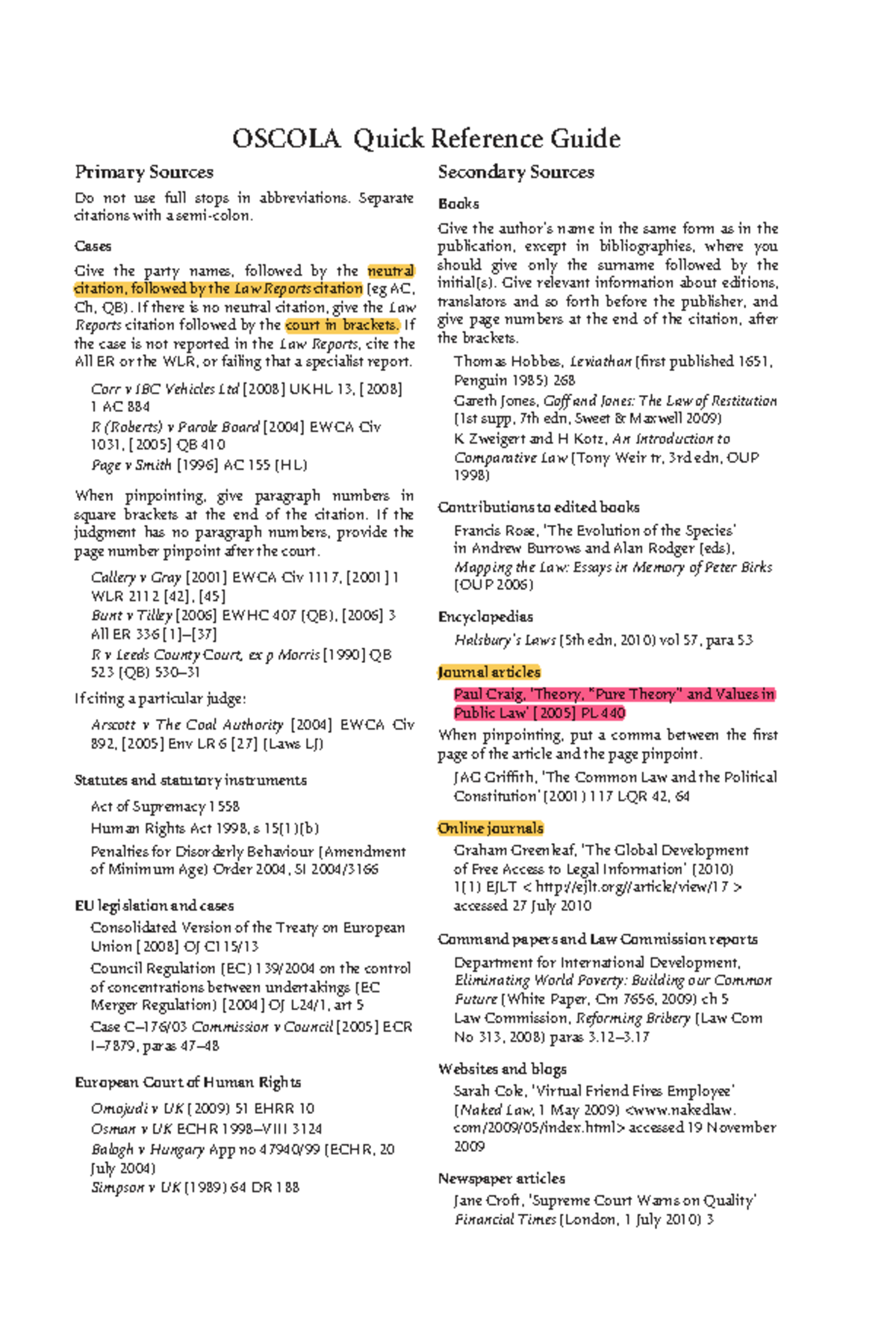 OSCOLA Quick Reference Guide: Primary & Secondary Sources - Studocu