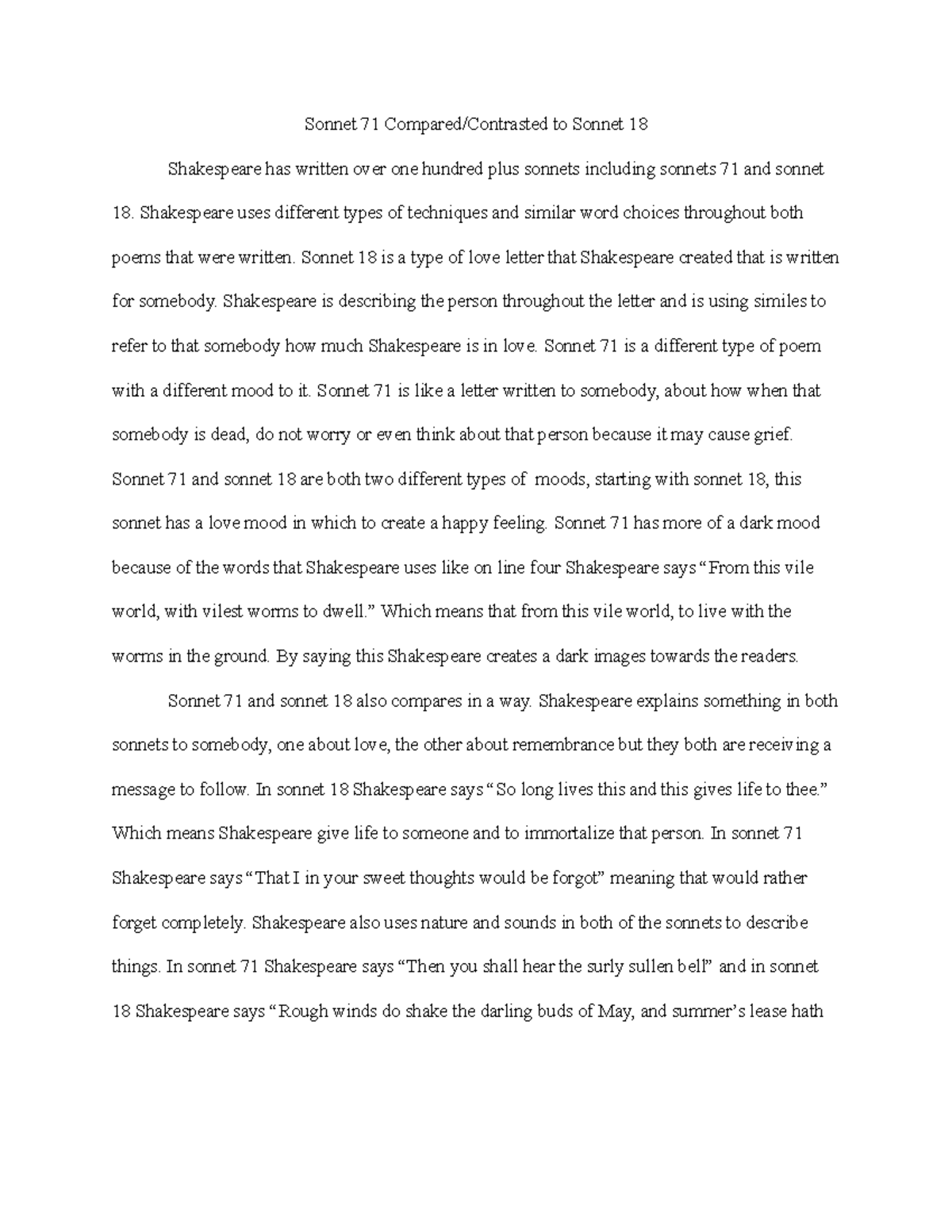 Comparative Analysis of Shakespeare's Sonnet 71 & Sonnet 18 - Studocu