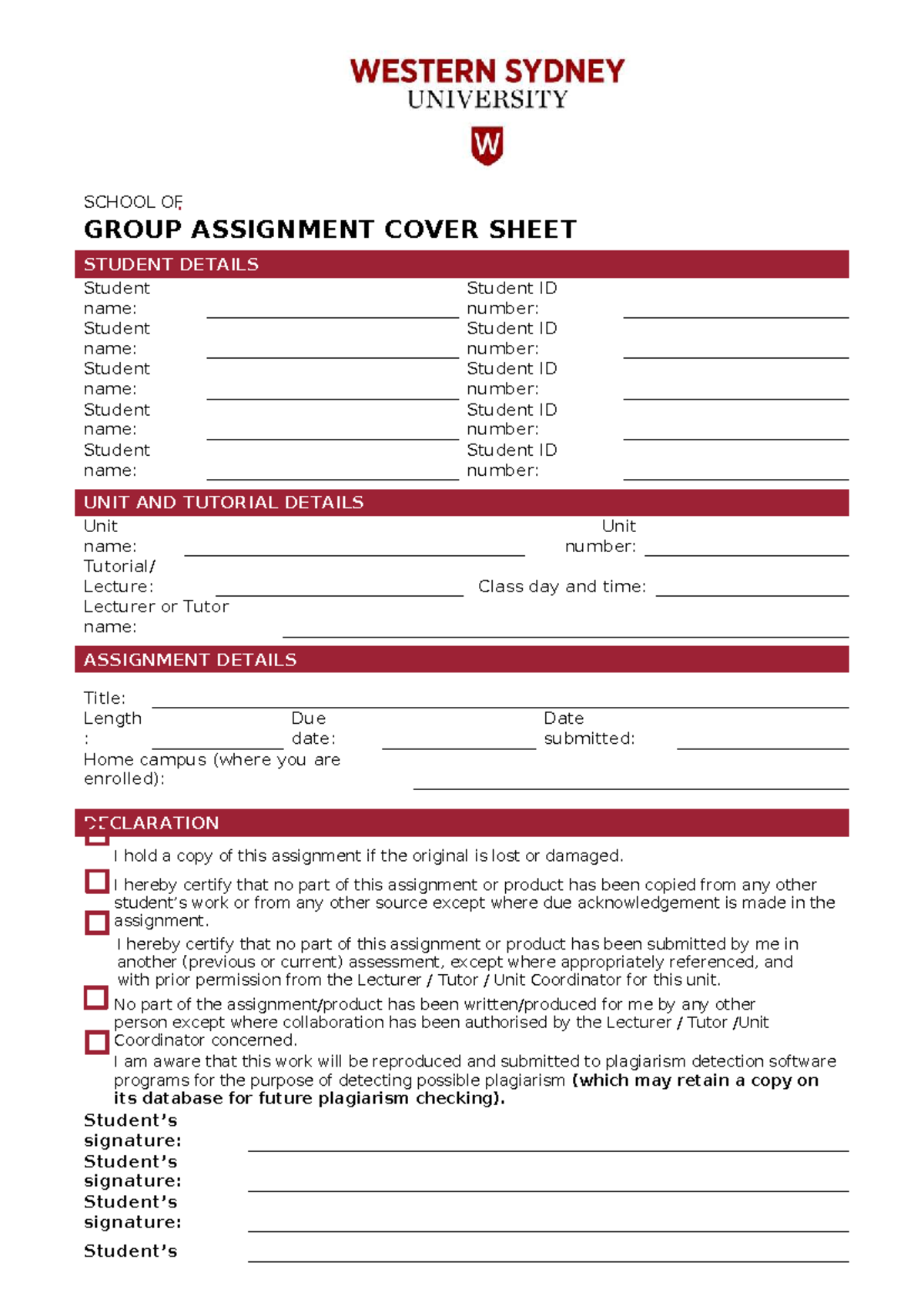 Group Assignment Cover Sheet WSU - Studocu