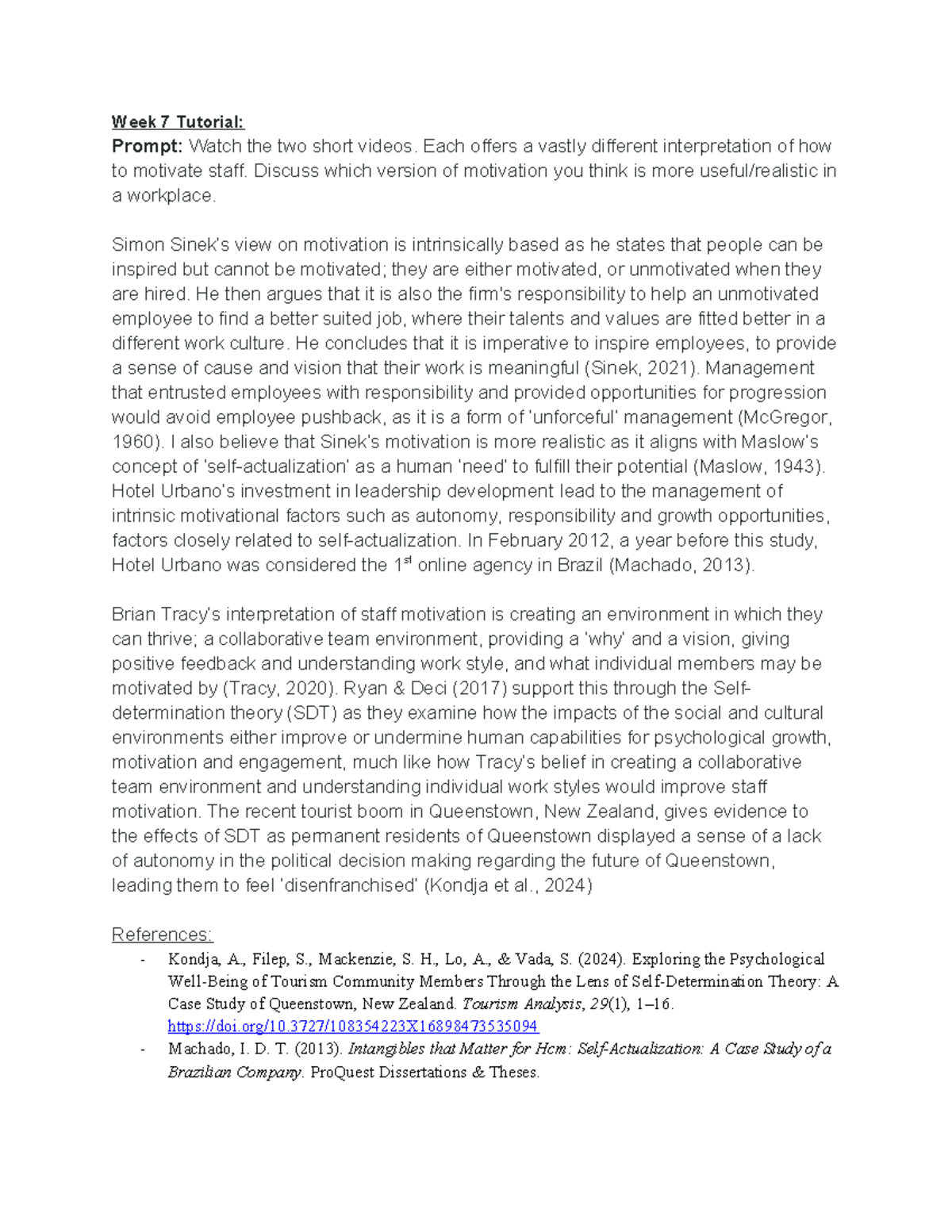 Intro to HRM: Week 7 Tutorial on Staff Motivation Theories - Studocu