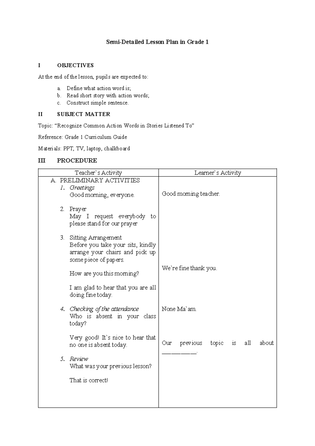 Grade 1 Lesson Plan: Common Action Words in Stories - Studocu
