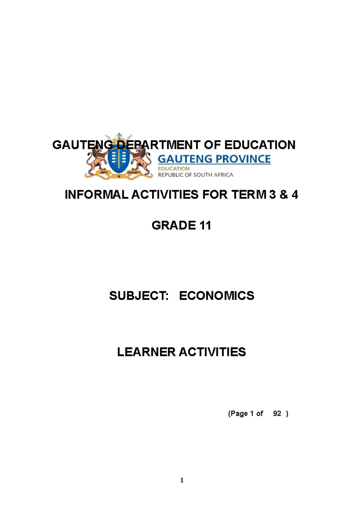 GDE Grade 11 Economics Learner Activities for Term 3 & 4 - Studocu