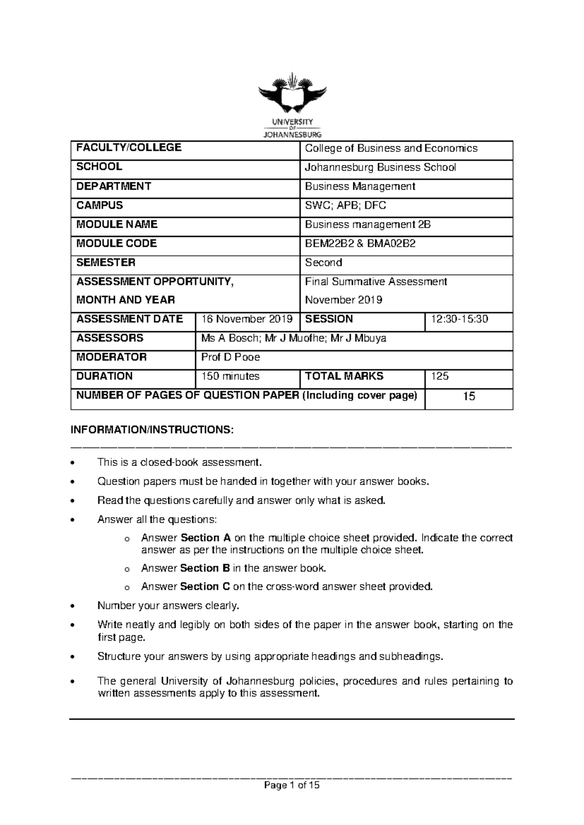 Final Summative Assessment: Business Management 2B (BEM22B2, BMA02B2 ...
