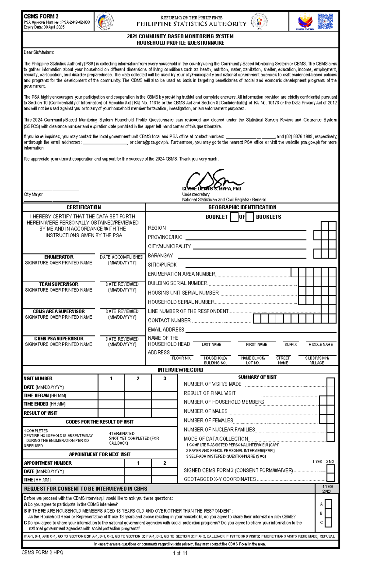 2024 CBMS FORM 2: Household Profile Questionnaire Details - Studocu