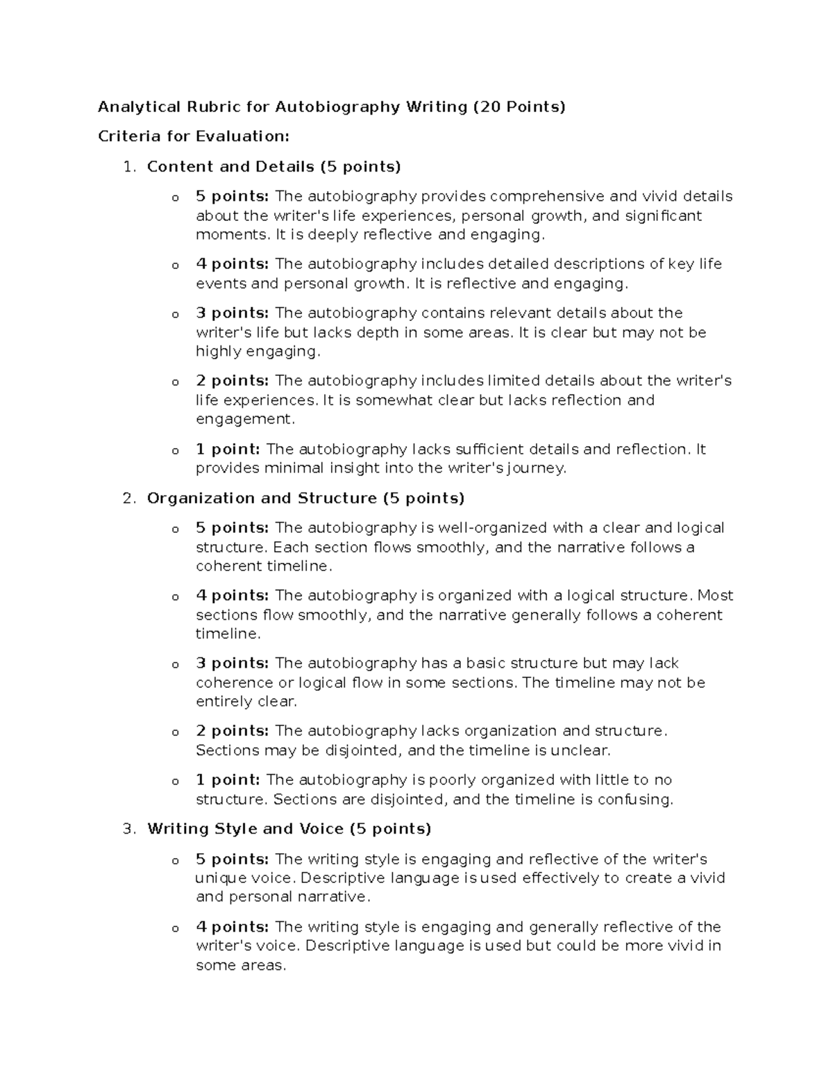 Analytical Rubric for Autobiography Writing (20 Points) - Studocu