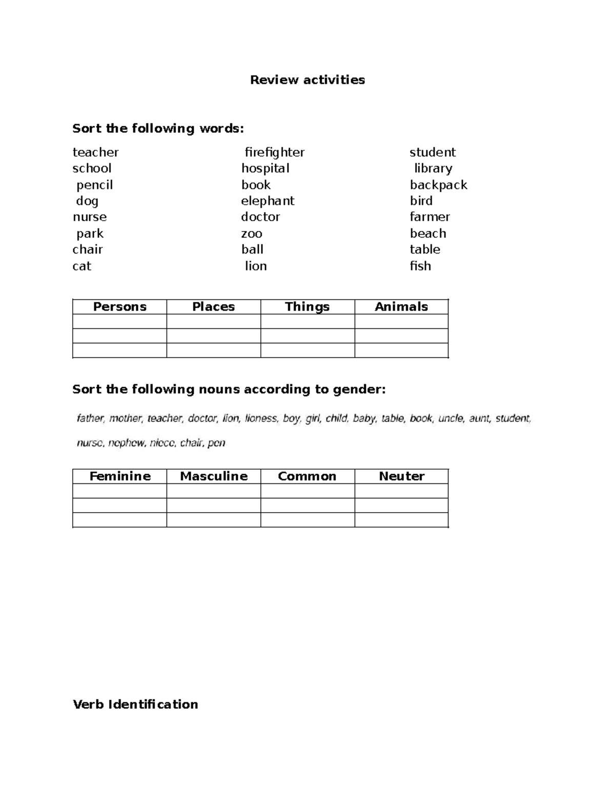 Lesson - English 2 - Practice Exercises for Nouns, Verbs, and Sentences ...
