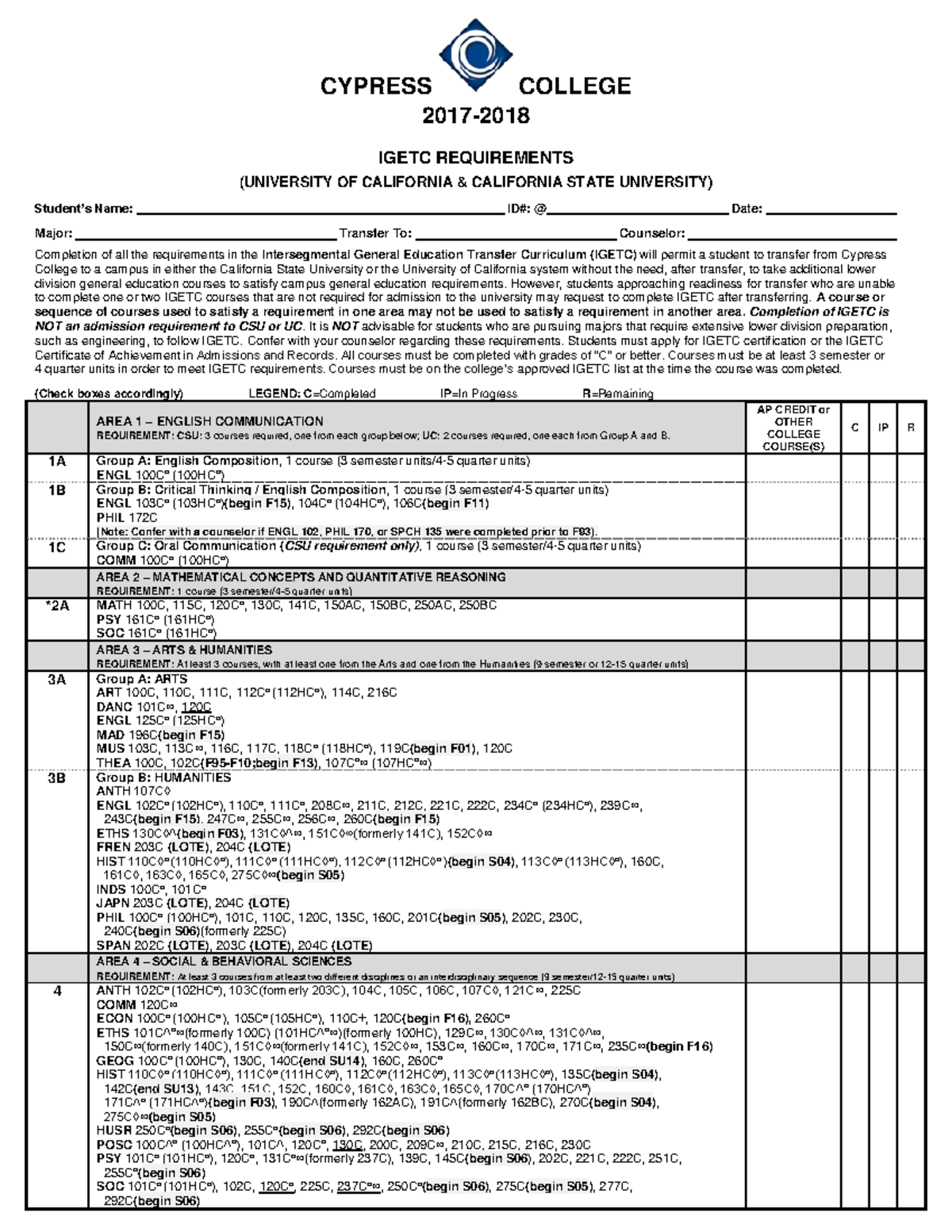 IGETC Certification Requirements 2017-18 at Cypress College - Studocu