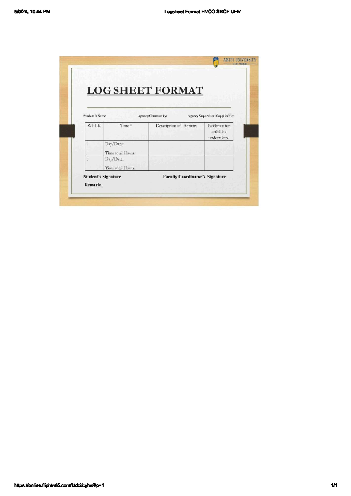 Amity Univ - Log Sheet Format Guide for Weekly Activities - Studocu
