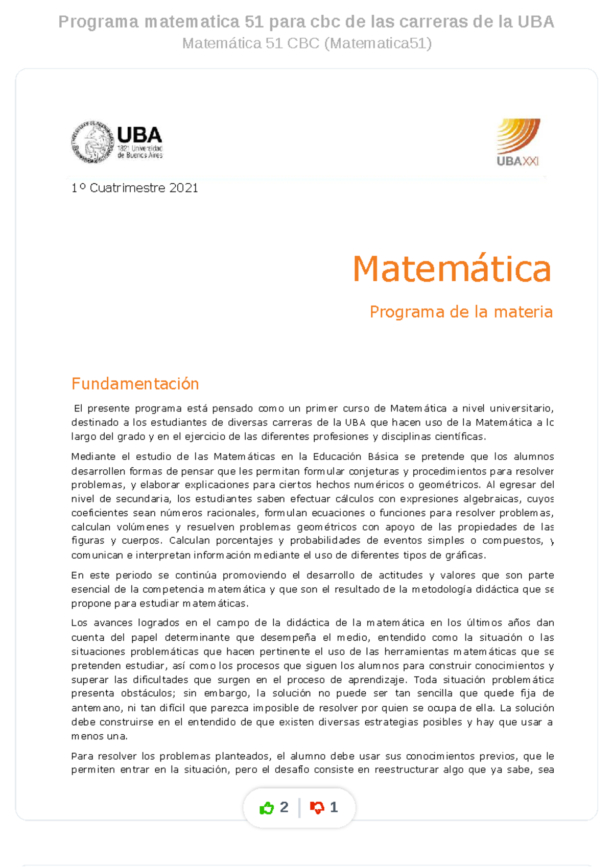 Programa de Matemática 51 - CBC UBA: 1º Cuatrimestre 2021 - Studocu