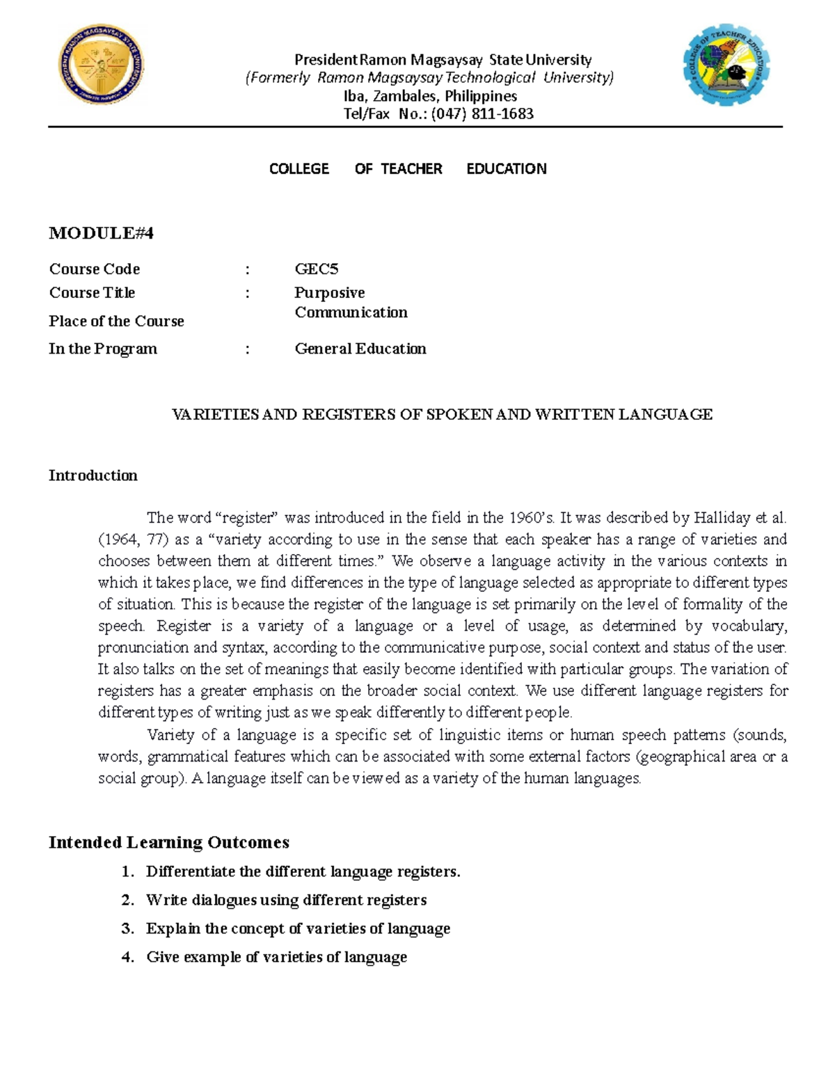 Module 4 Varieties AND Registers OF Spoken AND Written Language ...
