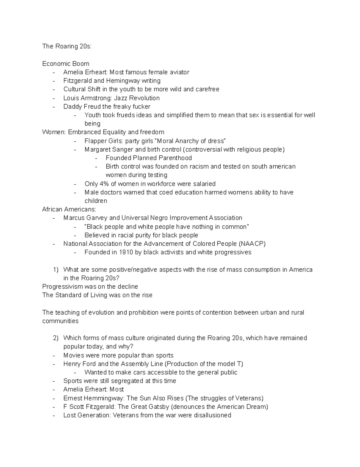 HIST106 Exam 2 Notes: The Roaring 20s and Cultural Shifts - Studocu