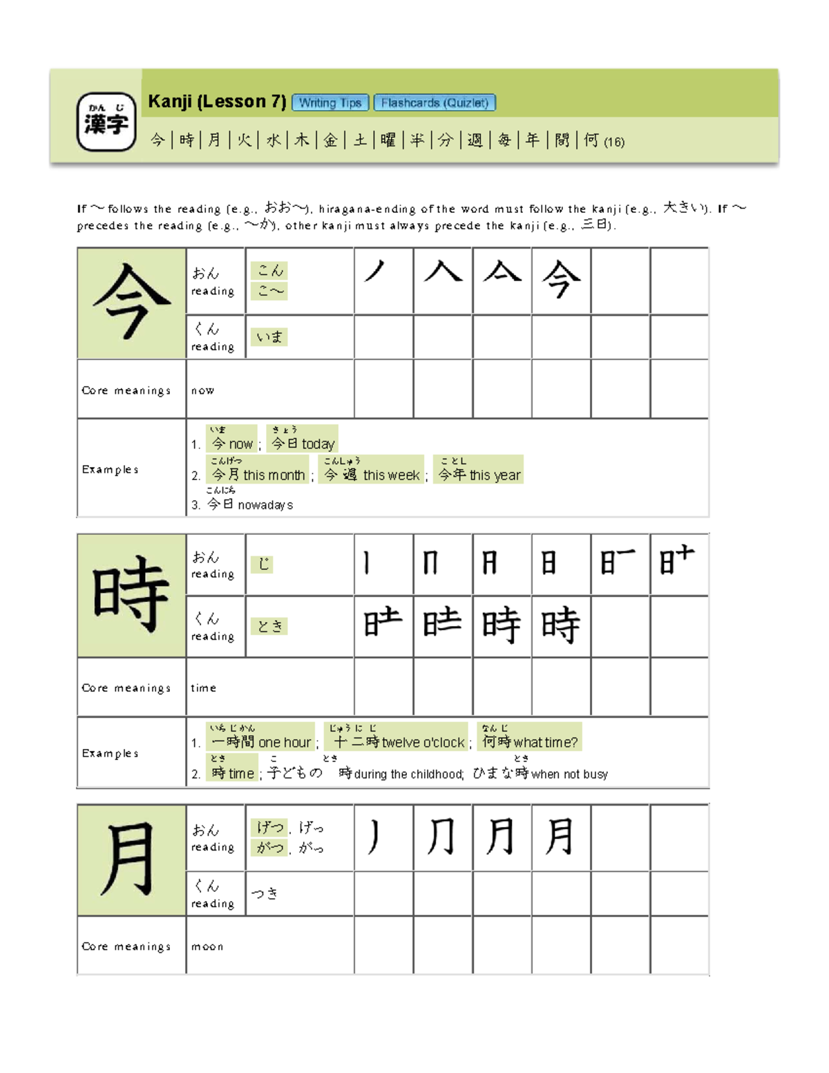 Kanji (Lesson 7-11) Study Notes - Studocu