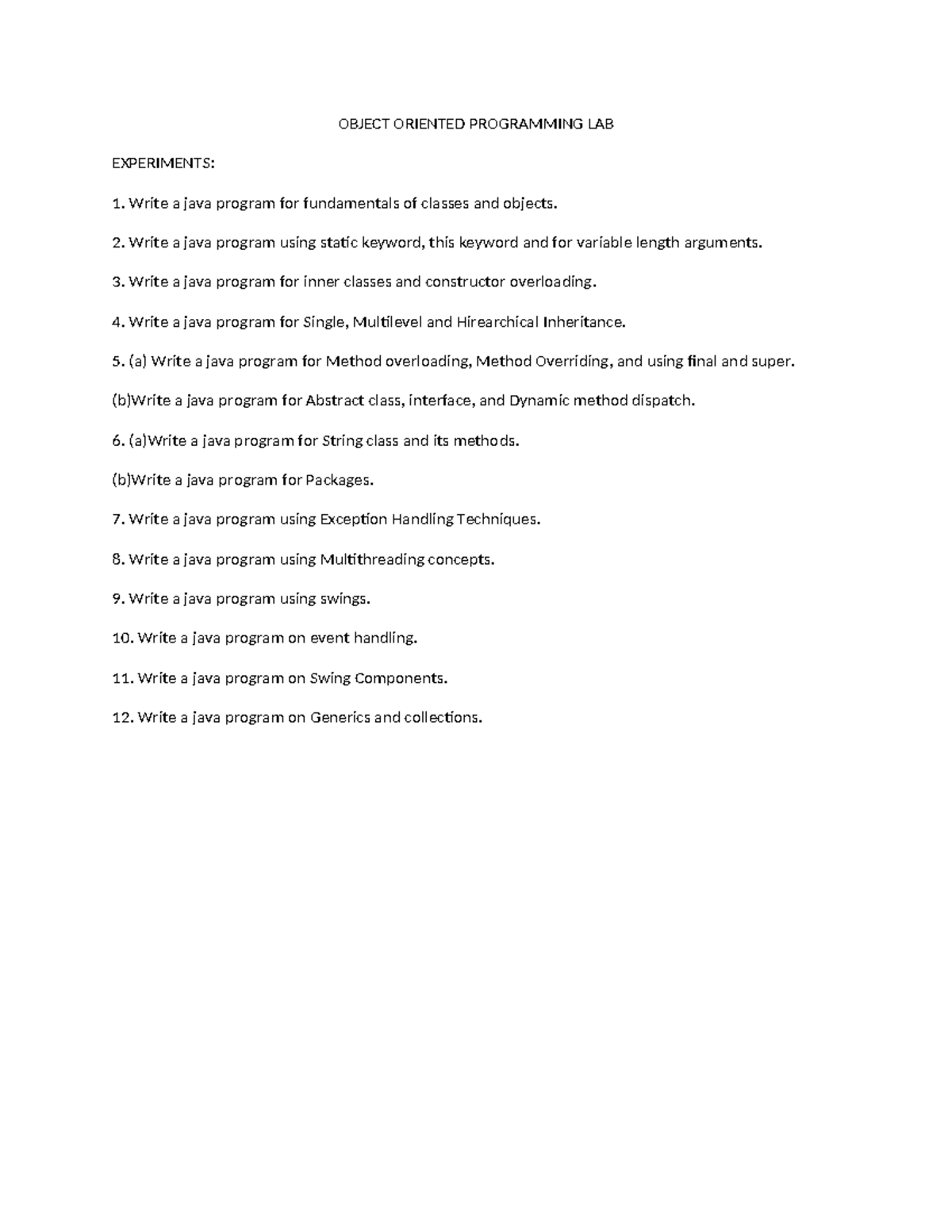 OOP LAB Experiments: Java Programs on Classes, Inheritance & More - Studocu