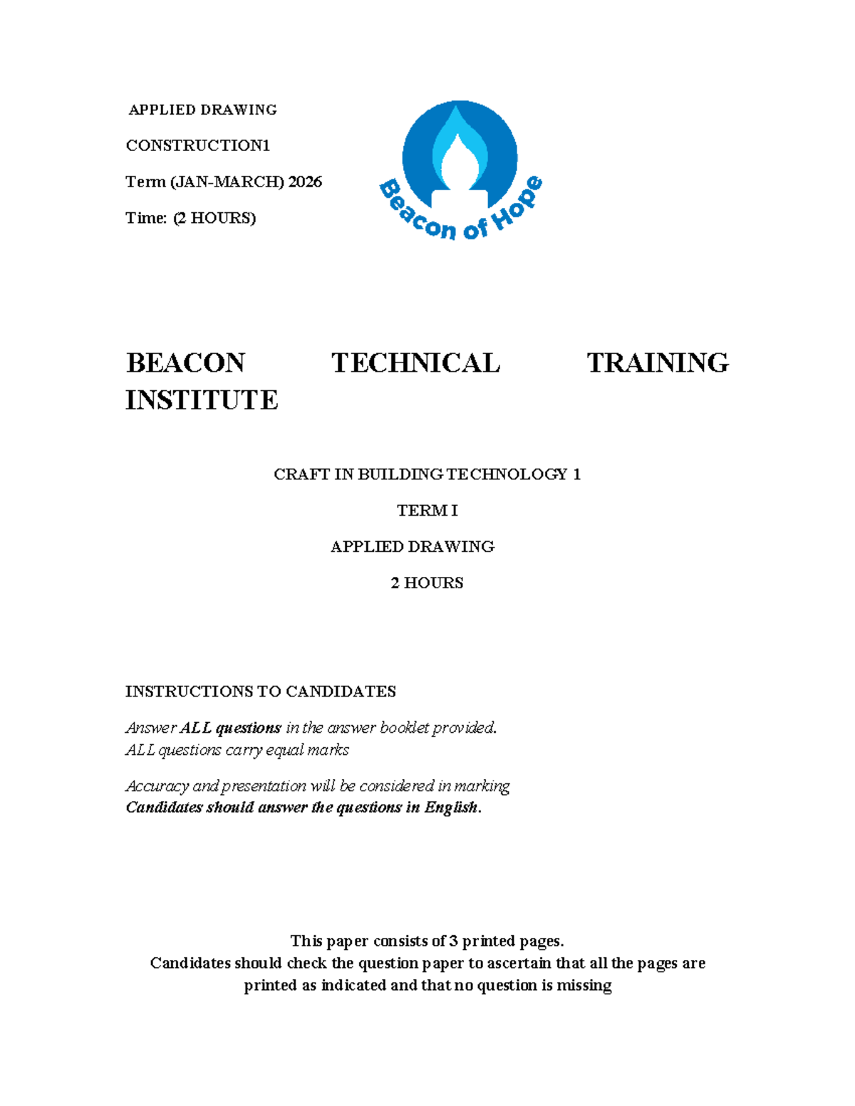 Applied Drawing Construction 1 - Term 2026 Exam Instructions - Studocu