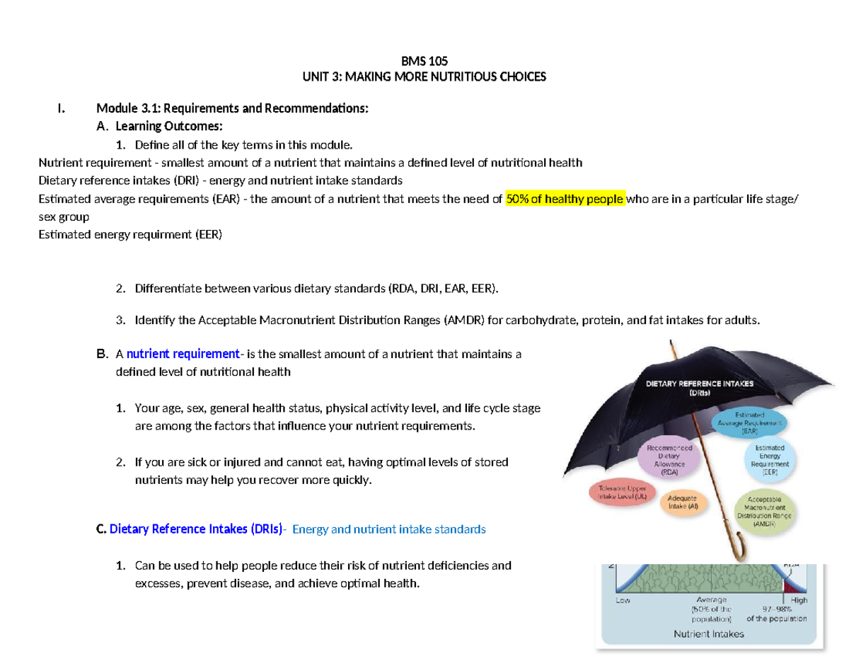 BMS 105 Unit 3: Nutritional Choices & Dietary Guidelines Overview - Studocu