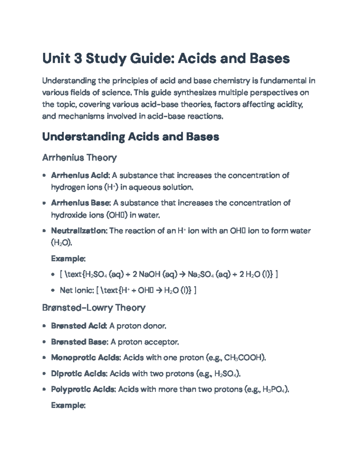 Unit 3 Study Guide: Understanding Acids and Bases in Chemistry - Unit 3 ...