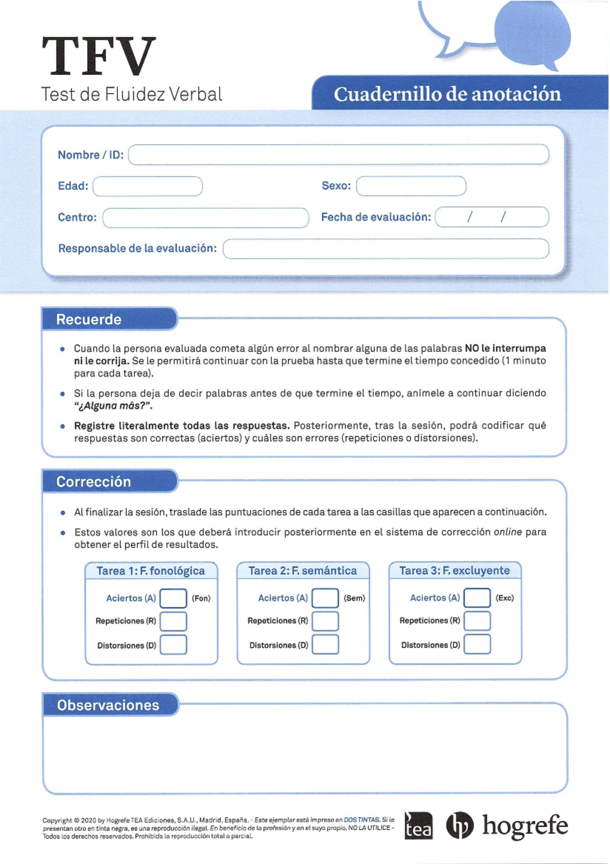 TFV - Test de Fluidez Verbal: Instrucciones y Registro de Resultados ...