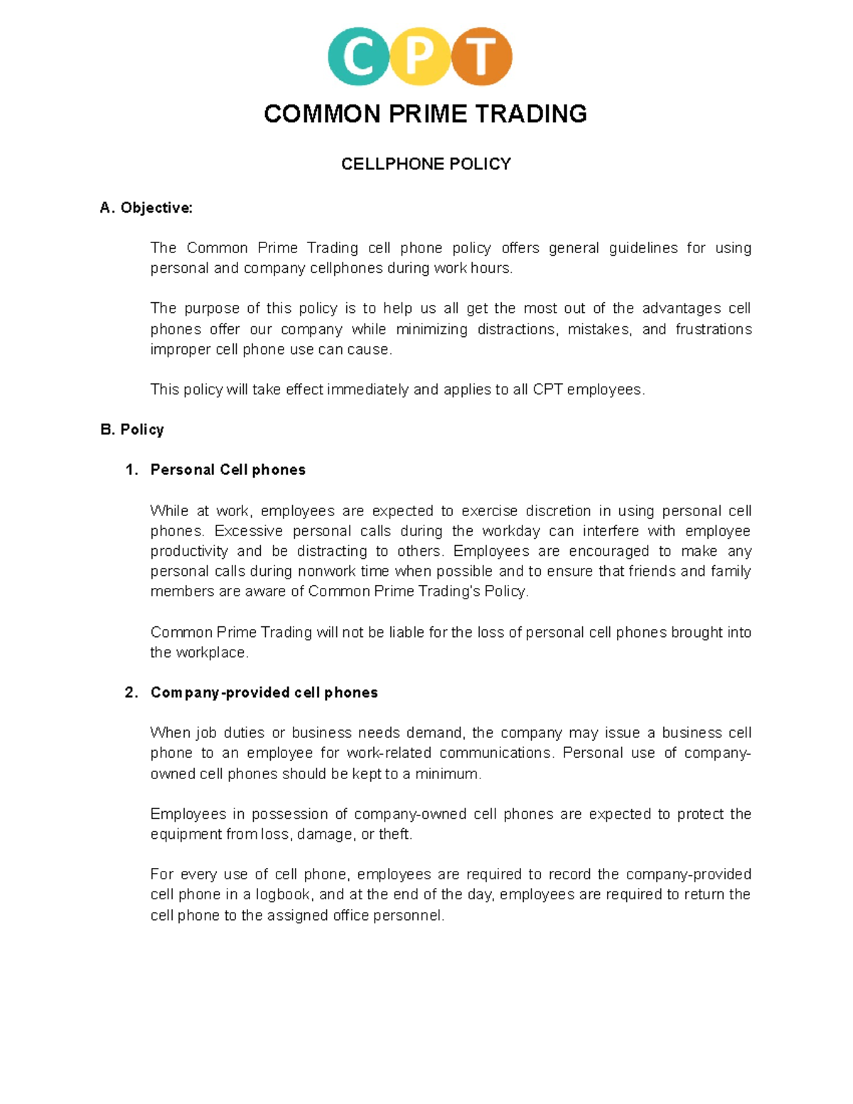 CPT Cellphone Policy: Guidelines for Personal & Company Phones - Studocu