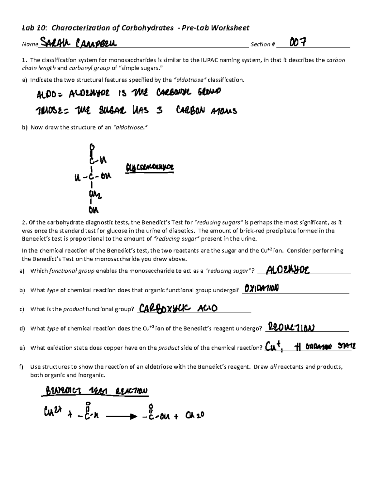 126 010 Carbohydrates Pre-Lab Worksheet - Fall 2021 Analysis - Studocu