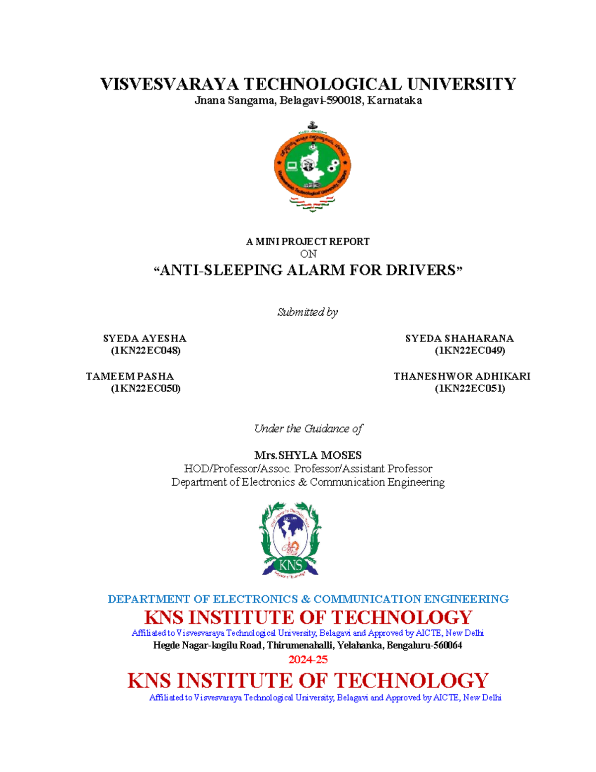 Mini Project Report on Driver Anti Sleep Device (1KN22EC) - Studocu