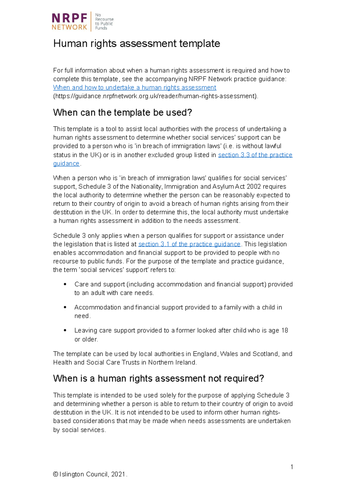 HRA Template: Human Rights Assessment for Social Services Support - Studocu