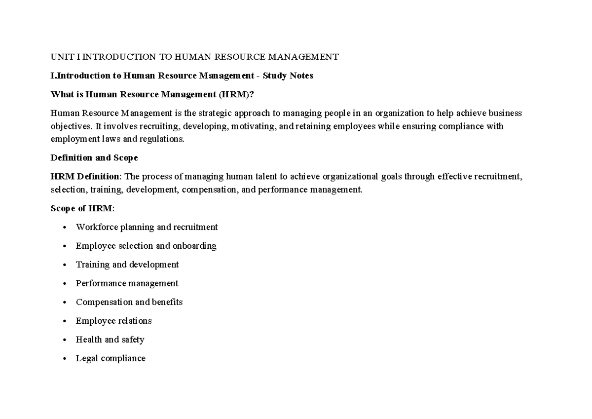 Unit I - Introduction to Human Resource Management Study Notes - Studocu