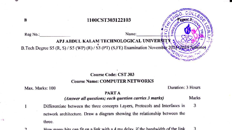 CST 303 Final Exam: KTU Previous Year Questions on Computer Networks - Studocu