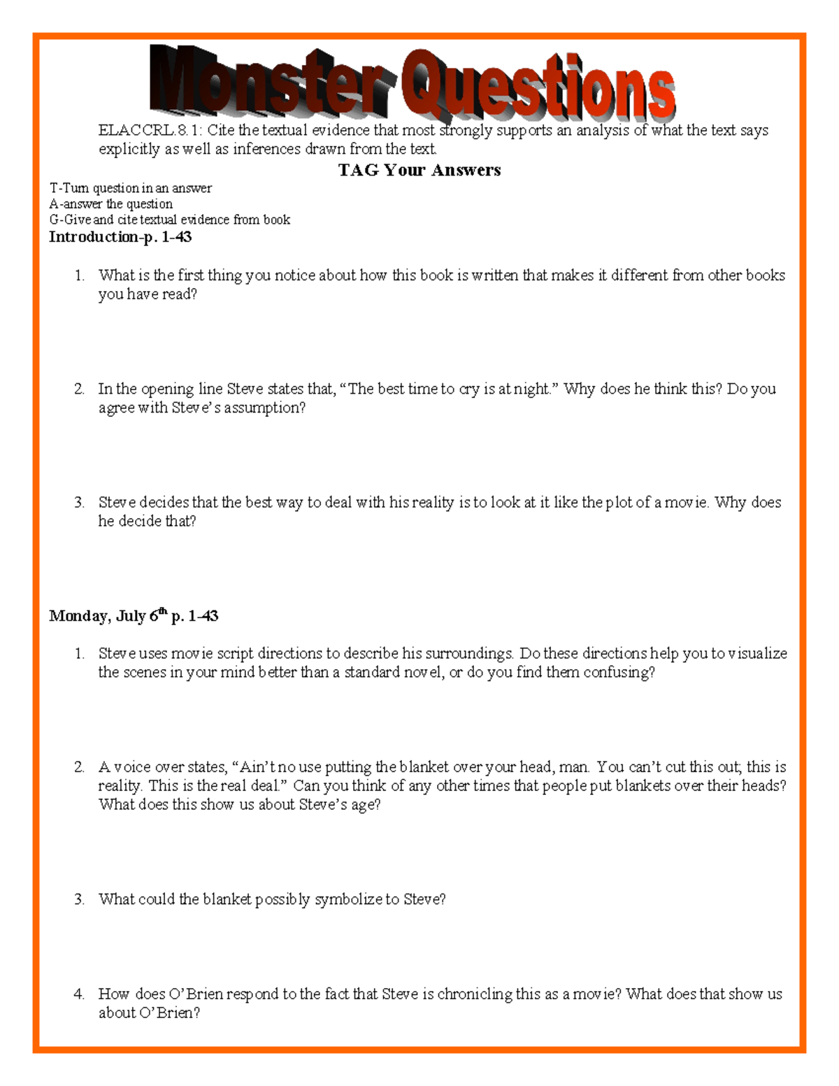 Monster chapter questions - ELACCRL.8: Cite the textual evidence that ...