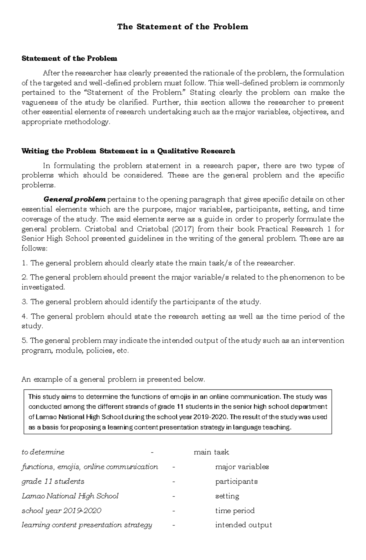 The Problem Statement Guidelines for Qualitative Research (PR1) - Studocu