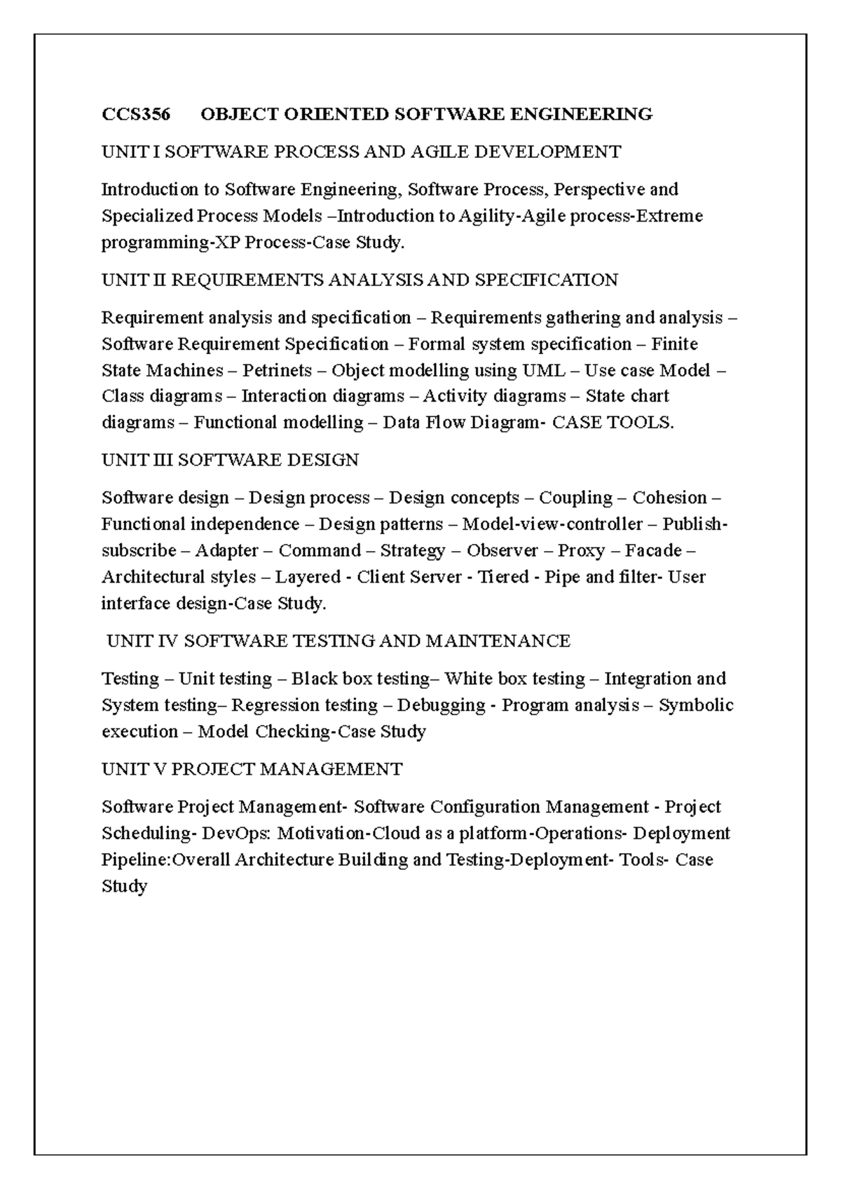 CCS356 Software Engineering & CCS3691 IoT: 6th Sem Syllabus Overview - Studocu