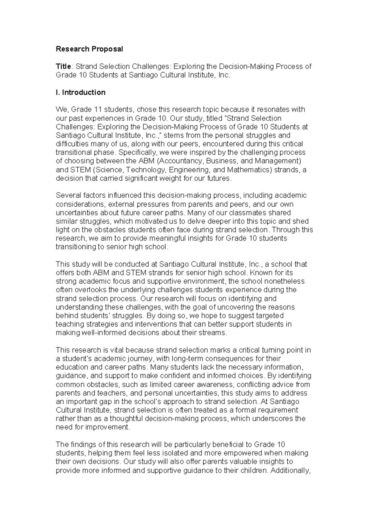 Strand Selection Challenges in Grade 10: A Research Proposal for SII ...