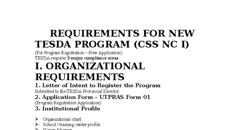 Requirements for New TESDA Program Registration (CSS NC I) - Studocu