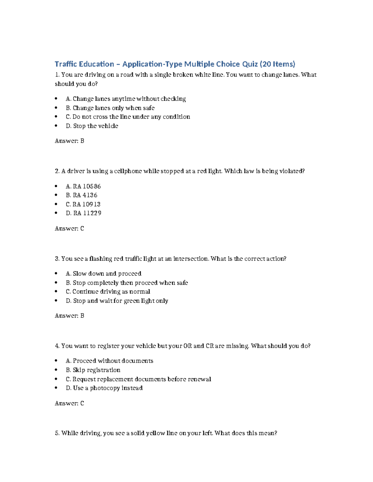 Traffic Education MCQ Quiz (20 Items) - Studocu
